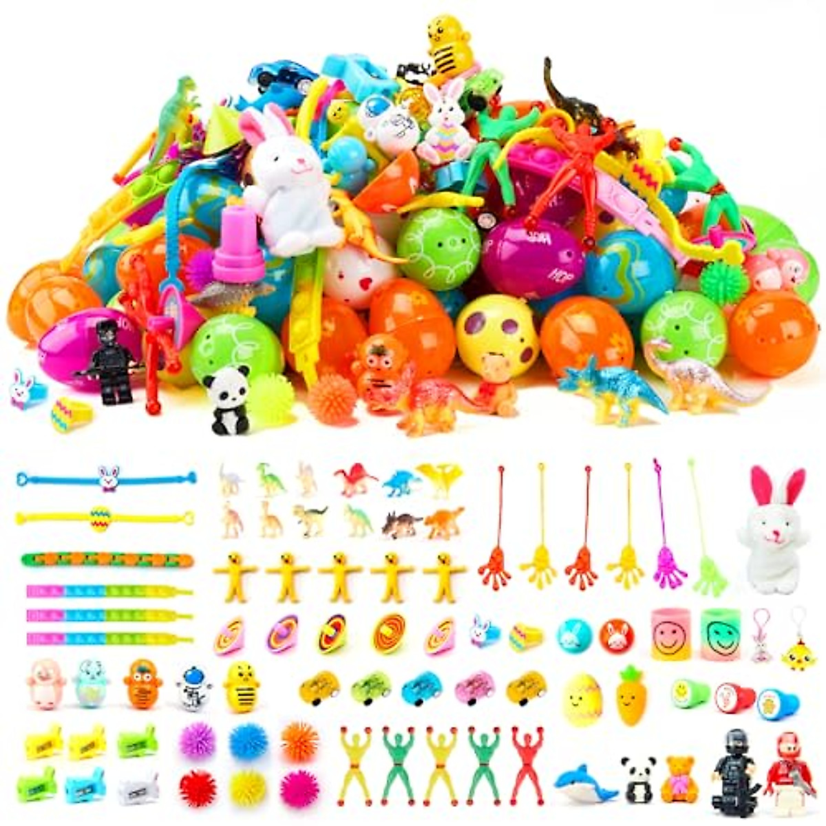 Minetom 80 Pcs Colorful Plastic Prefilled Easter Eggs with Toys inside Includes Dinosaur Toys,Finger Puppets, Pullback Car Toys, Easter Themed Rings,Easter Egg Hunt Supplies Party Favor Gifts for kids