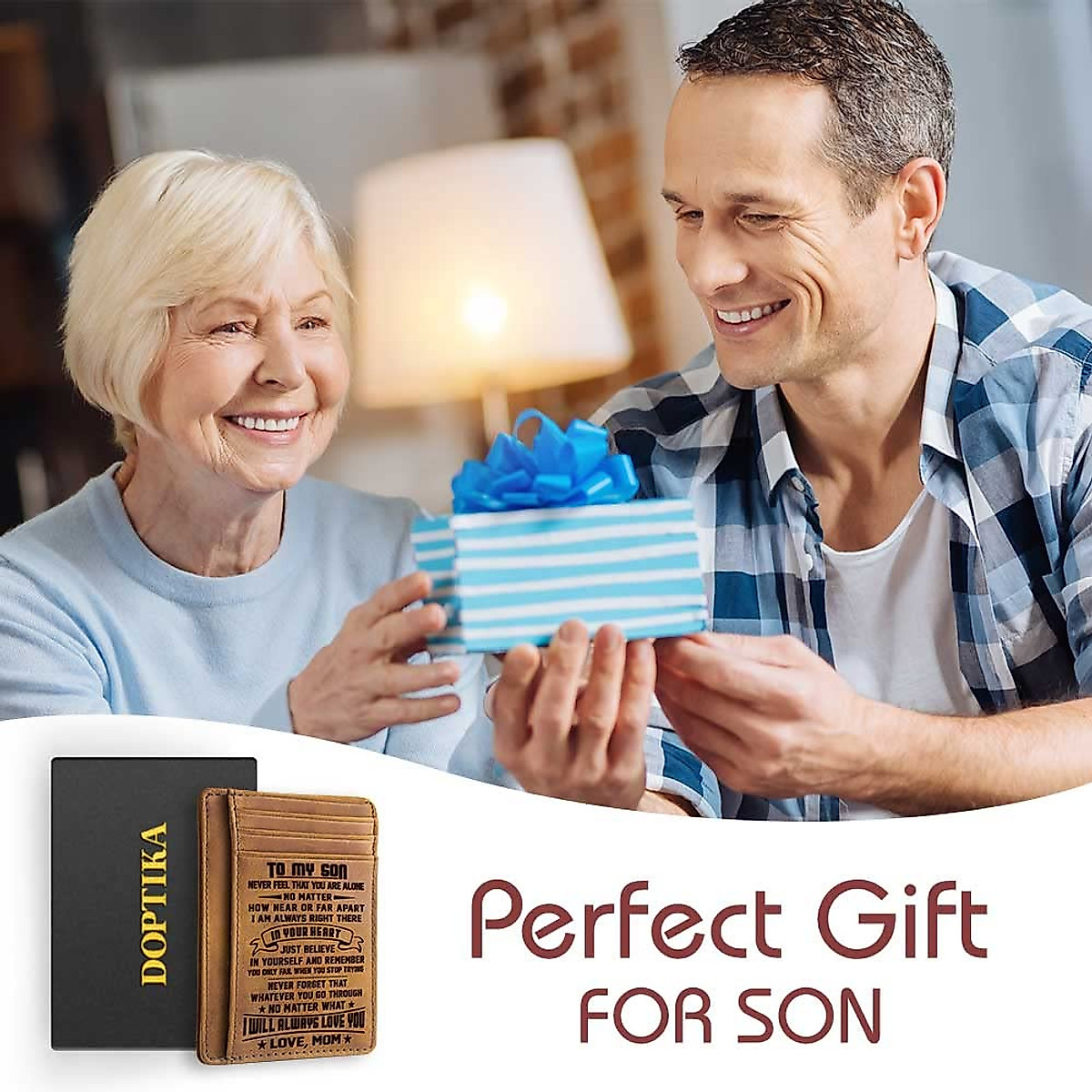 DOPTIKA Fathers Day Birthday Gifts For Men, Graduation Gifts For Son From Mom, Teen Boy Gifts For Young Men, To My Son Engraved Leather Wallet, Mens Wallets Leather, Slim Minimalist Wallets For Men