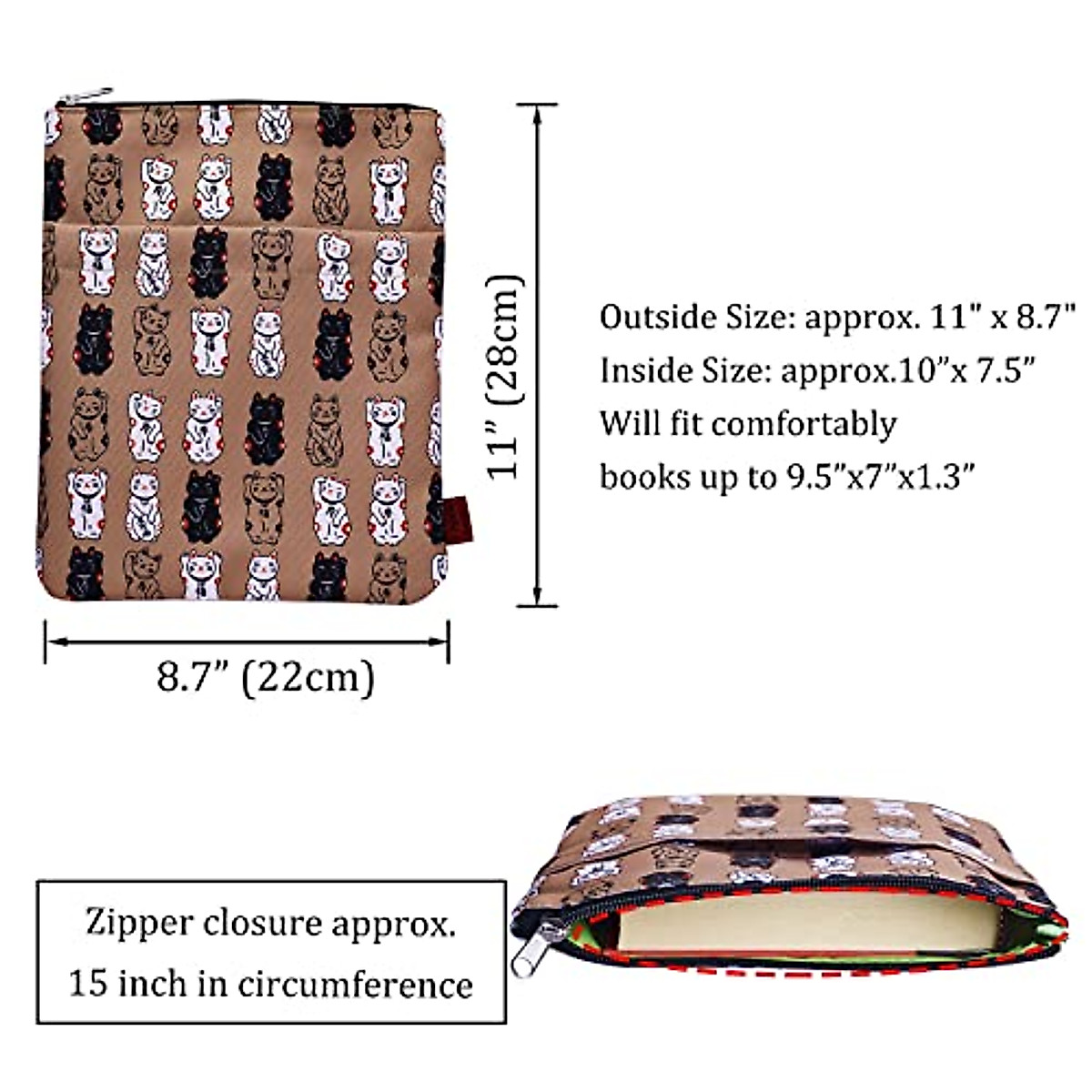 Lucky Japanese Cat Book Sleeve, Book Covers for Paperbacks, Washable Fabric, Book Sleeves with Zipper, Medium 11 Inch X 8.7 Inch Book Lover Gifts