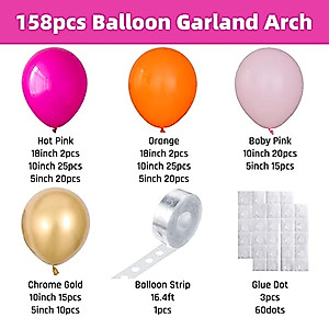 Enanal Hot Pink Orange Balloon Garland Arch Kit, 158pcs Pink Orange and Chrome Metallic Gold Balloons for Birthday Baby Shower Tropical Party Supplies Summer Party Decorations (Hot Pink)