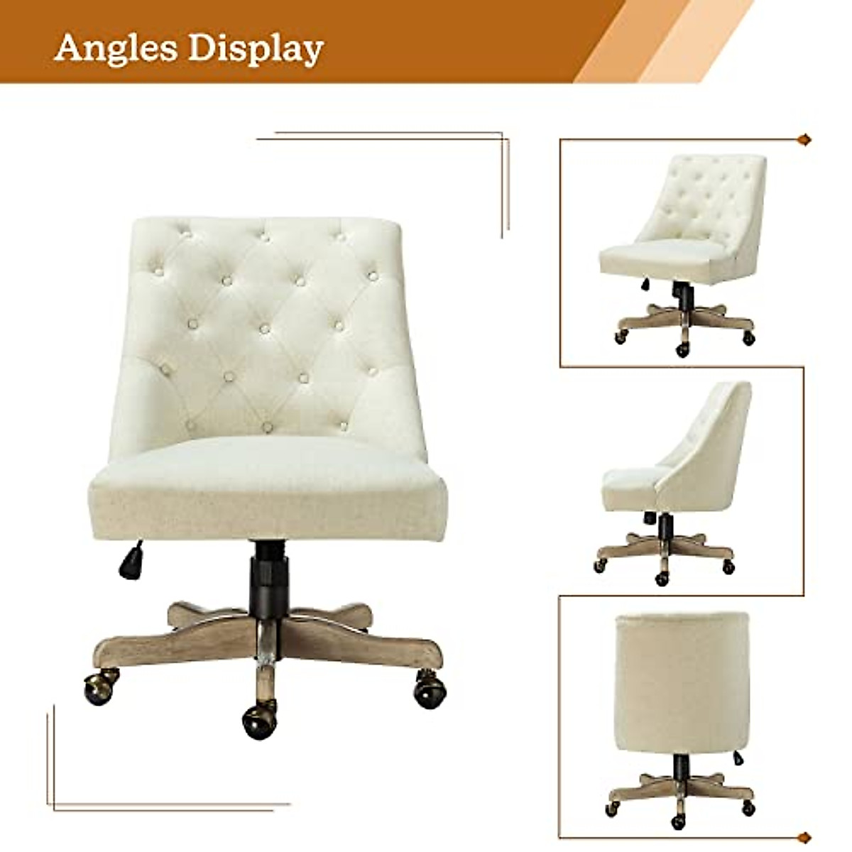 Modern Tufted Armless Home Office Chair, Comfy Upholstered Desk Chair with Vintage Wood Base, Height Adjustable Swivel Computer Task Chair for Living Room Bedroom, Ivory