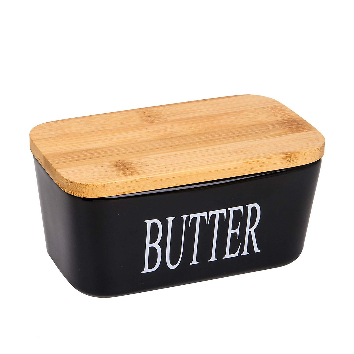 Butter Dish with Cover - Ceramics Butter Container with Bamboo Lid for Countertop,Double-layer Silicone Sealing Larger Butter Dishes with Covers Perfect for East West Coast Butter (Black with Words)