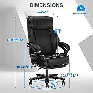 BOSMILLER Big and Tall Office Chair 400lb for Heavy People with Double Padded Memory Foam Seat Cushion Leather Executive Office Chair with Lumbar Support and Adjustable Footrest for Home Work