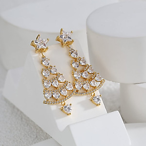 PICKBEAU Tassel Crystal Christmas Tree Hoops for Women 925 Silver Post Rhinestone Xmas Drop Earrings for Christmas Party Favors