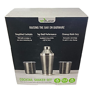 REDUCE Cocktail 3-Piece Shaker Set with 10-oz. Lowball Tumblers (Charcoal)