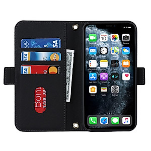 Jaorty Crossbody Wallet for iPhone 11 Pro Case with Adjustable Lanyard Strap Credit Card Holder 5.8",PU Leather Handbag Purse Kickstand Make Up Mirror Cover Case for Men Women Girl,Black