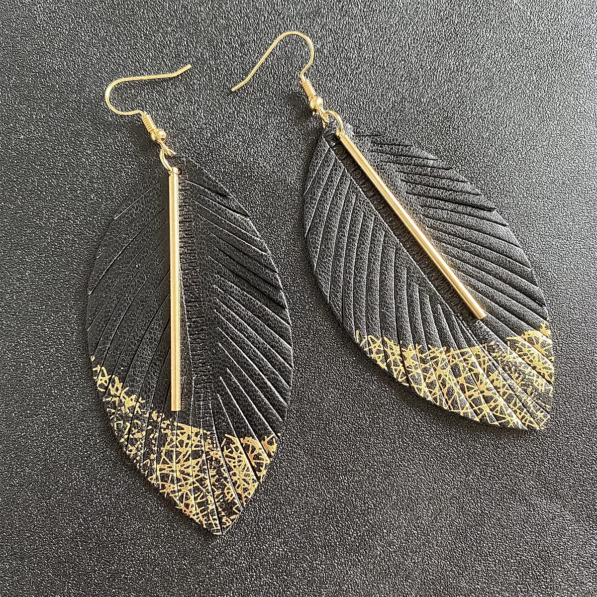Handmade Bohemian Lightweight Soft Genuine Leather Feather Leaf Dangle Drop Earring Sparkle Real Leather Large Leaf Hook Earrings With Simple Drop Metal Bar for Women Statement Jewelry Gifts (Black Color)