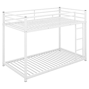 TARTOP Metal Bunk Bed Twin Over Twin, Low Bunk Bed Frame with Ladder & Guardrail for Teens Adults Dormitory Bedroom, Heavy Duty Metal Bed Frame, Easy Assembly, No Box Spring Required, White