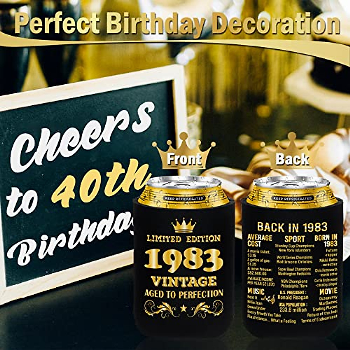 BackURyear 40th Birthday Party Decorations for Men Women, Funny 40th Birthday Party Supplies, 40 Years Old Forty Birthday Decor, 40th Birthday Party Cans Cooler Sleeves, Black&Gold/12 Pcs