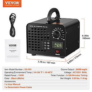 VEVOR Ozone Generator, 24000mg/h Ozone Machine, High Capacity Commercial/Industrial Ozone Generator Machine with 0-120 min Time Setting for Rooms, Cars