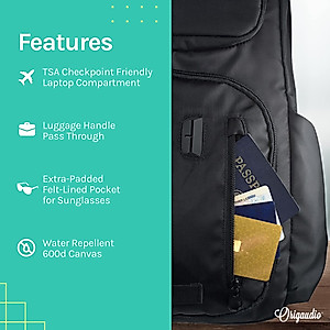 Origaudio Embarcadero Pack - Water-Resistant Canvas Business Travel Backpack - 16-Pocket Backpack with 17" Laptop Sleeve and USB Techport - Storage for Water Bottles, Sunglasses, Wallets, and Accessories