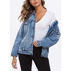 Cantonwalker Women's Oversize Vintage Washed Boyfriend Denim Jacket Long Sleeve Classic Loose Jean Trucker Jacket 003 (Light Blue Washed, L)…