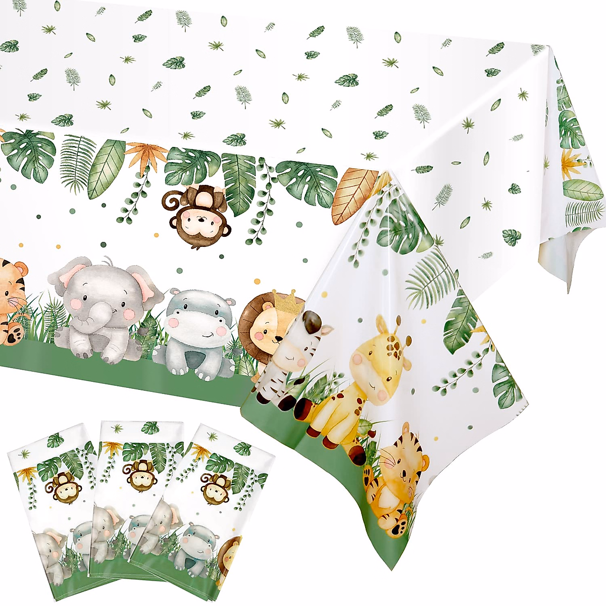 Lopeastar 3Pieces Jungle Safari Tablecloths Animal Print Table Cover, Sage Green Baby Shower Decorations Zoo Birthday Party Supplies for Boys Kids Plastic Table Cloth 108×54 Inch