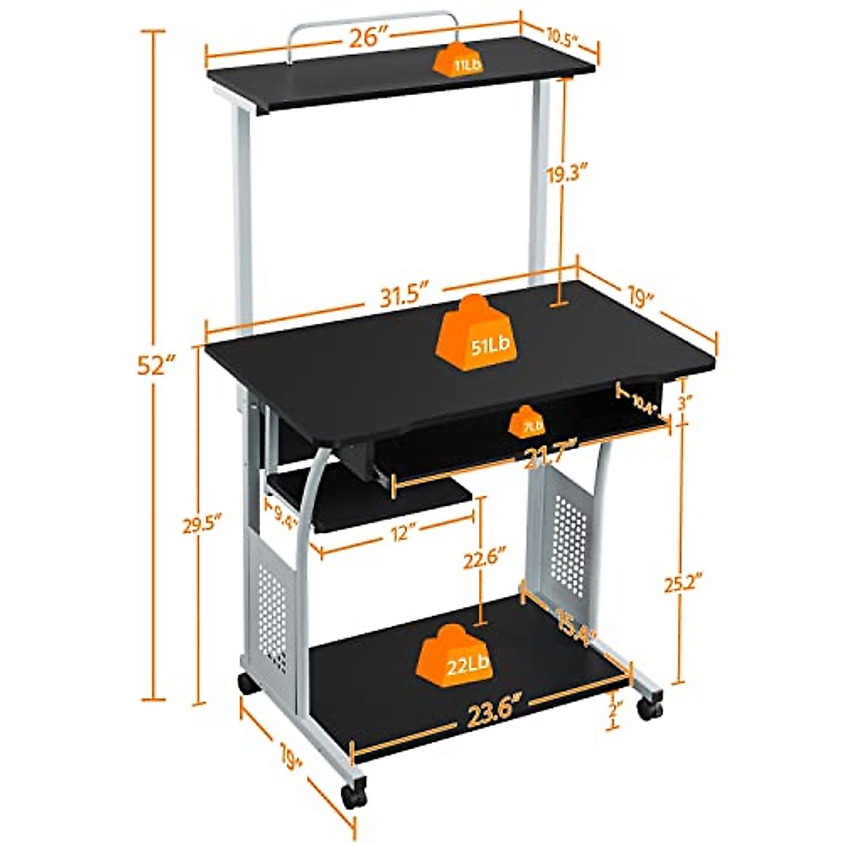 Topeakmart 3 Tier Computer Desk with Printer Shelf and Keyboard Tray, Home Office Desk Computer Workstation Rolling Study PC Laptop Table for Small Spaces Black