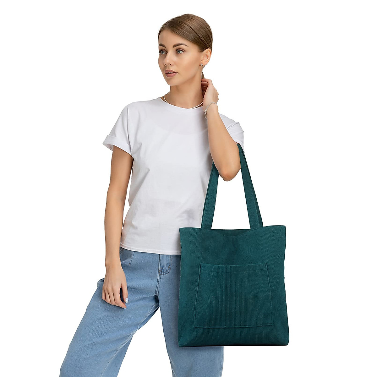 Kememo Corduroy Tote Bag with Zip, Shoulder Bag Women's Hobos Handbags Large Capacity Shopping Bag with Inner Pocket, Green