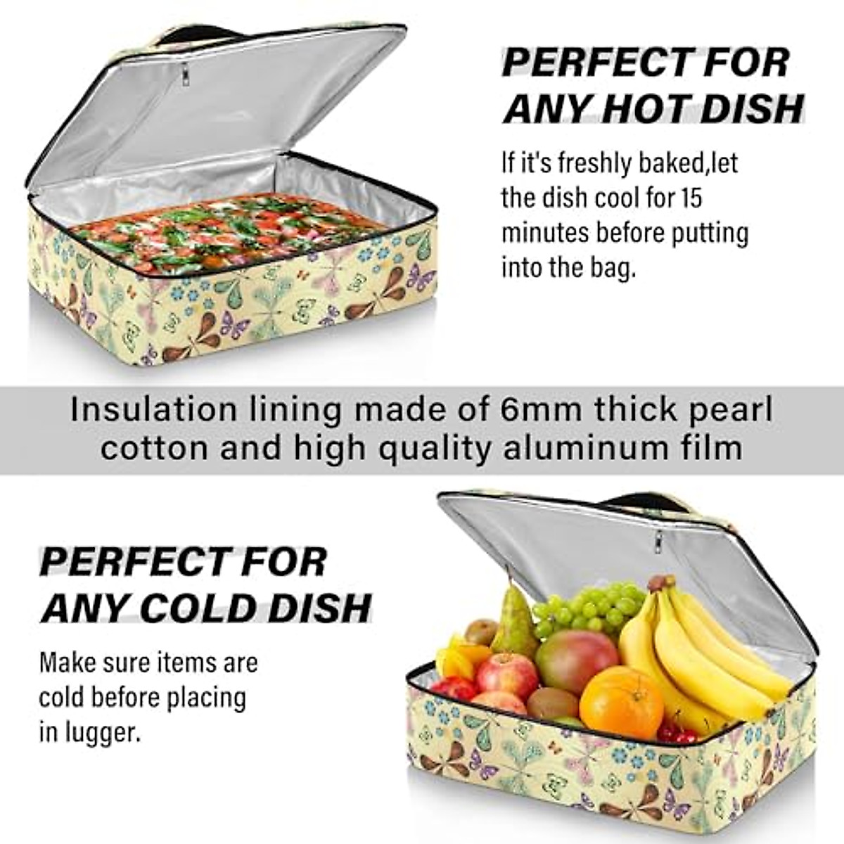 Kcldeci Insulated Thermal Food Carrier Insulated Casserole Carrier for Hot or Cold Food,Spring Golden Floral Insulated Tote Bag for Potluck Cookouts Parties Picnic,Lasagna Lugger