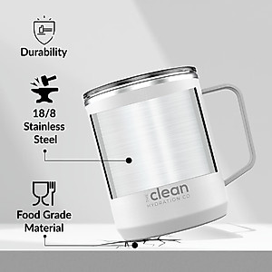 The Clean Hydration Company Insulated Coffee tumbler | Travel coffee mug | Ceramic Lined Tumbler | Iced Coffee Tumbler Cup with Lid | Double Wall Vacuum (White, Mug 12oz)