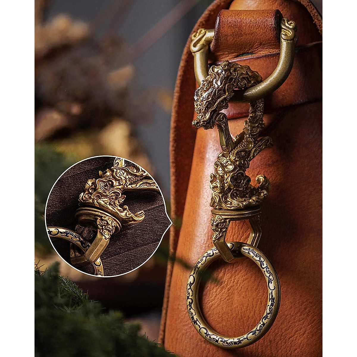 Vintage Style Brass Dragon Design Swivel Snap Hook Key Chain W/Rings Trigger Clip Keyring ( 925 Silcer Horn + Ring + Dragon ), 5.8 x 1.2 x 0.6 inch