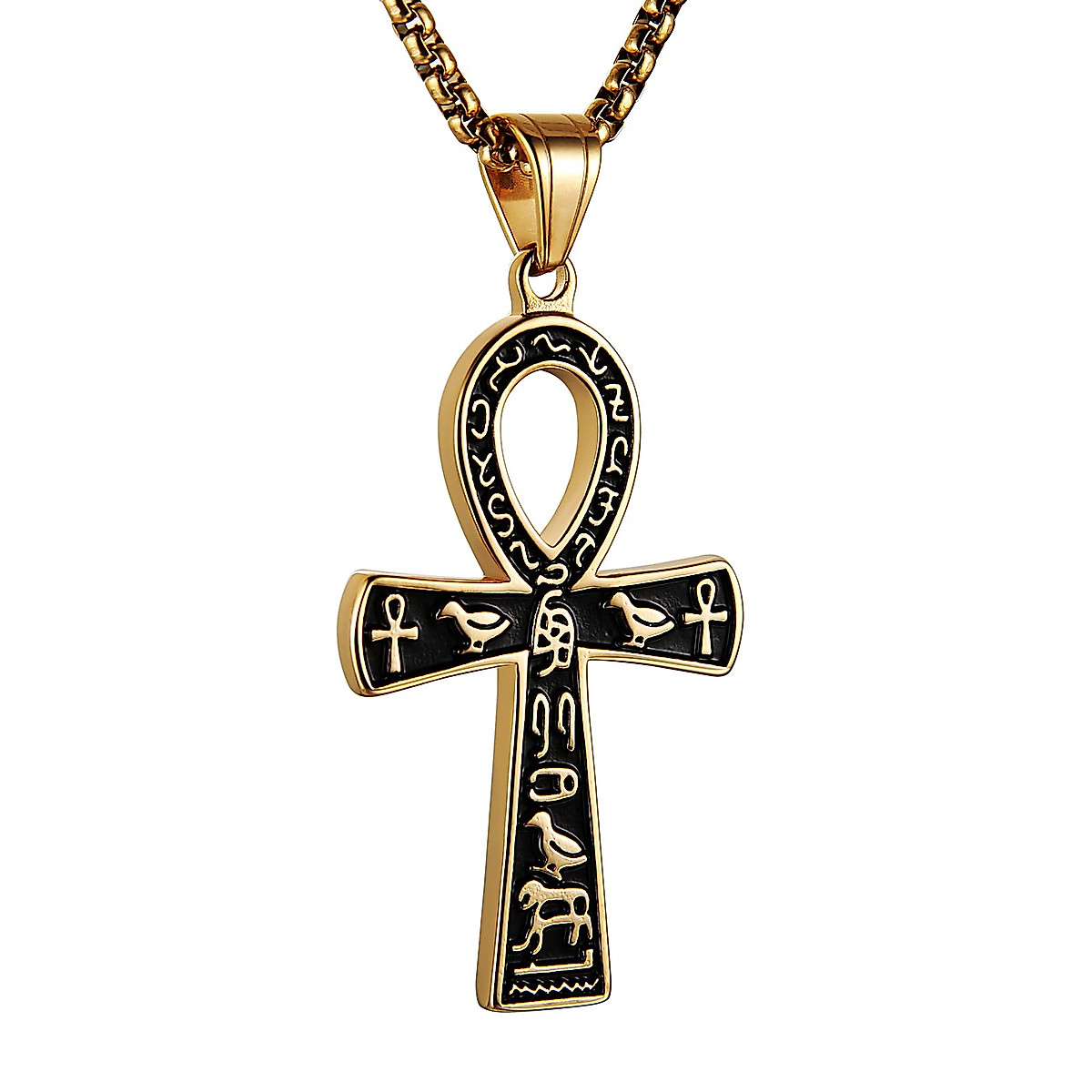 HZMAN Stainless Steel Large Ankh Cross Pendant Ancient Egyptian Hieroglyphic Symbol 22+2 Inch Chain (Gold-Small)