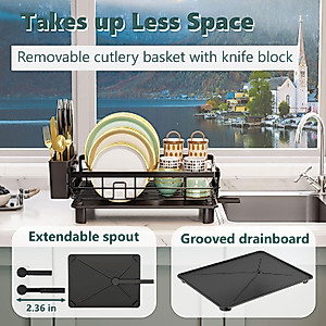 AIDERLY Dish Drying Rack with Drainboard Dish Drainers for Kitchen Counter Sink Adjustable Spout Dish Strainers with Utensil Holder and Knife Slots, Black