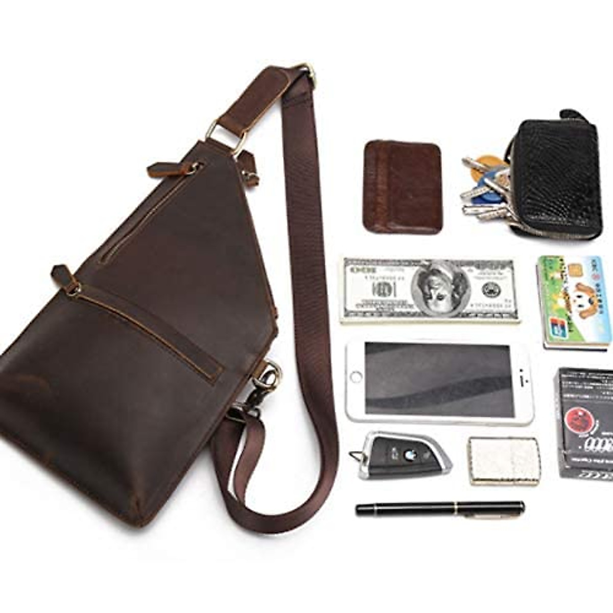 Men's Leather Sling bag Chest bag Crossbody Bag shoulder bag Genuine leather Crazy horse skin Backpack for men, Brown (BNX01021)