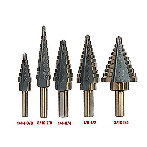 Meichoon HSS Step Drill Bit Set 5Pcs 1/4-1-3/8" 3/16-7/8" 1/4-3/4" 1/8-1/2" 3/16-1/2", British System Titanium Coated Triangle Shank Multifunction Pagoda Drill DC14