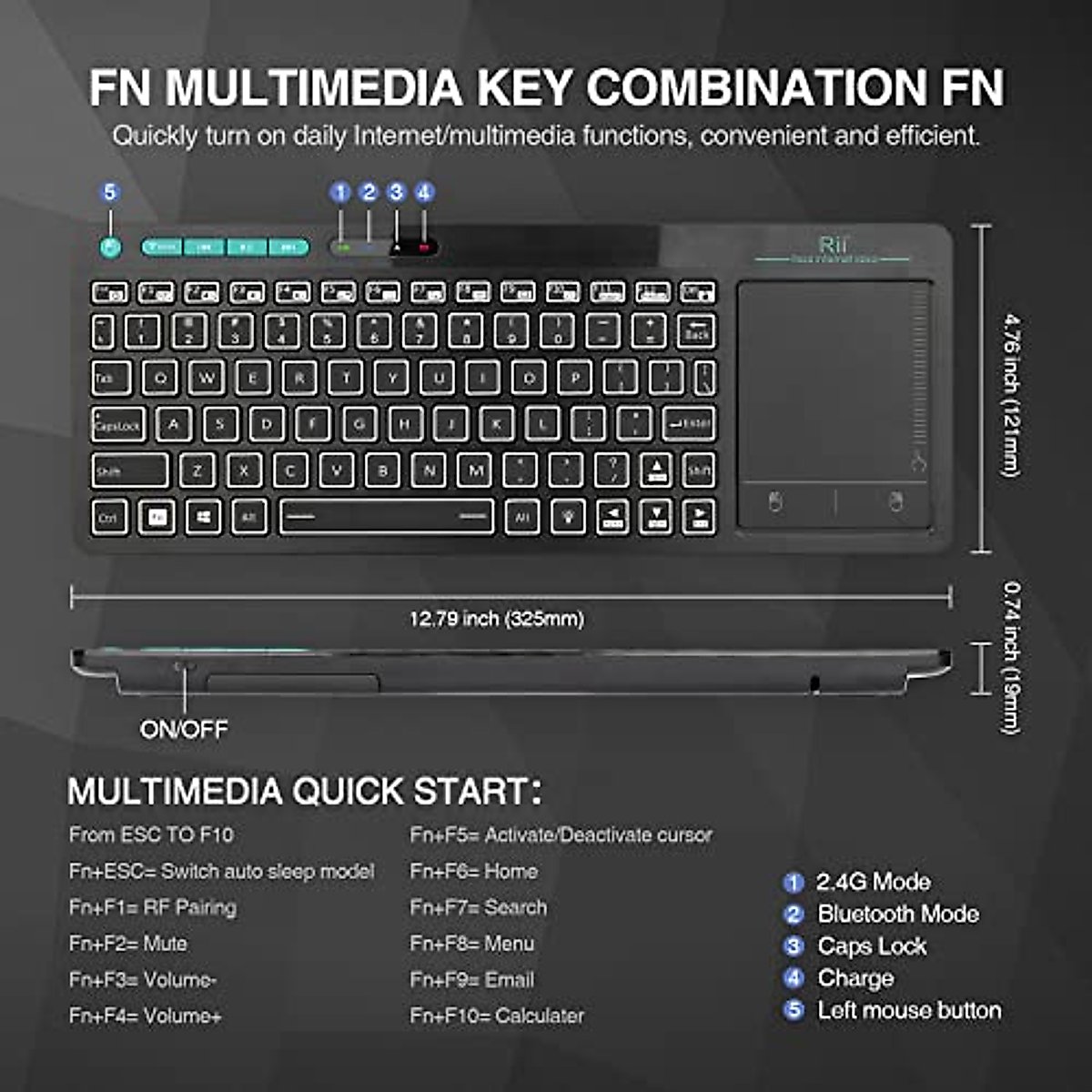 (Dual Mode) Rii RT518S Wireless and Bluetooth 2-LED Color Backlit Multimedia Keyboard with Multi-Touch Big Size Trackpad,Rechargable Keyboard for Android TV Box,PC,Tablets,Smart TV, HTPC, IPTV,Windows
