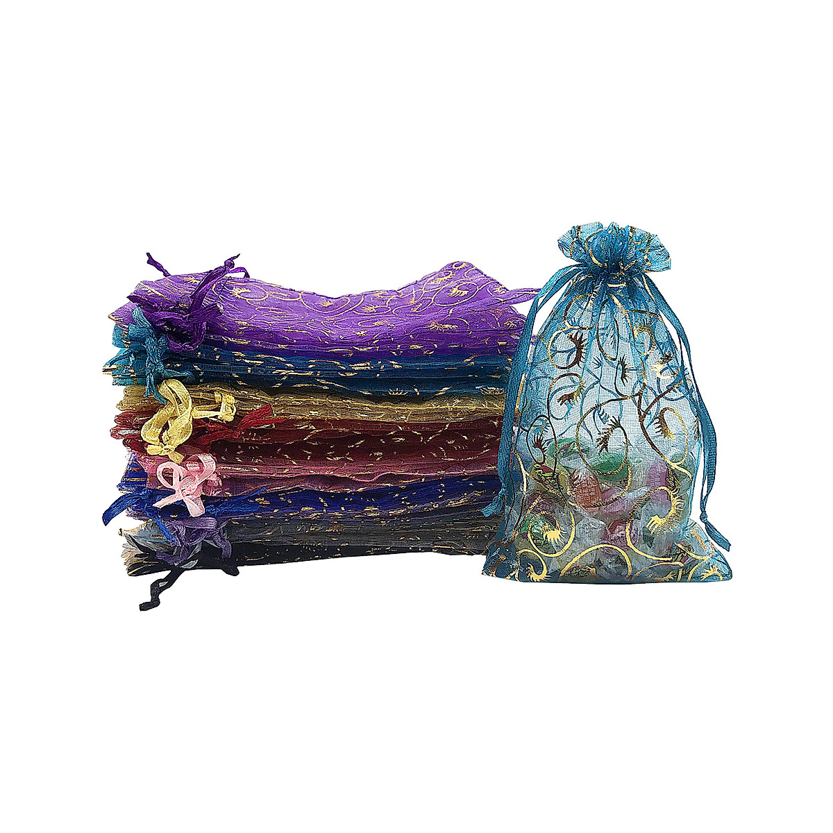 Jexila 100PCS Rainbow Organza Bags 4x6 inch for Jewelry Drawstring Mesh Gift Bags for Wedding Party Favor Pouches Christmas Bags (Eyelash Rainbow)