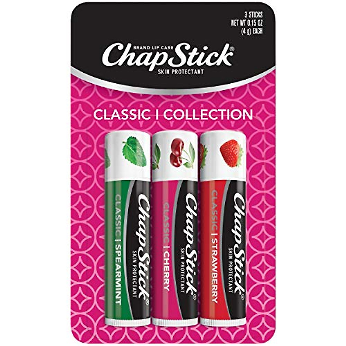 ChapStick Classic Spearmint, Cherry and Strawberry Lip Balm Tubes Variety Pack - 0.15 Oz Each (Pack of 3)