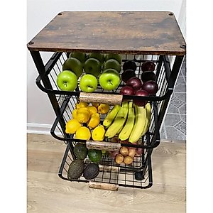 DELORM 5 Tier Vegetable Fruit Kitchen Storage Basket Cart Rack with Universal Wheel Metal Wire Basket Shelf Rolling Storage Cart, Rustic Farmhouse