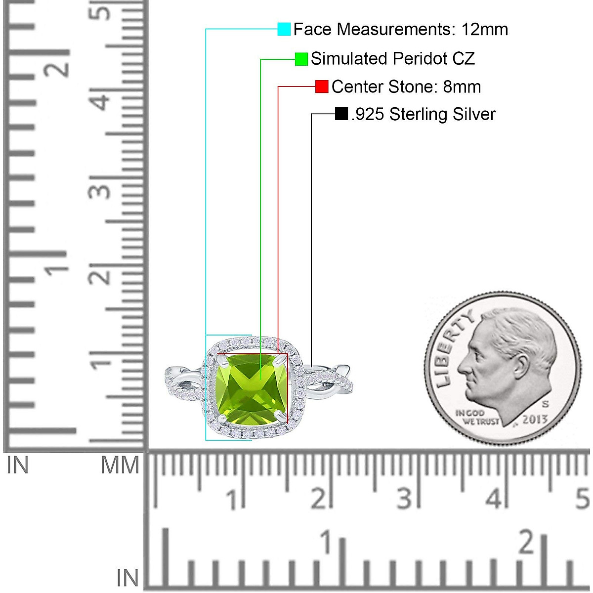 Blue Apple Co. Simulated Peridot Cubic Zirconia Size-8 Infinity Shank Cushion Cut Art Deco Halo Engagement Ring Round Simulated CZ 925 Sterling Silver