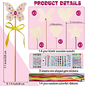 WUBOMJIO Princess Fairy Wands Craft Kit, Kid Birthday Party Supplies Make Your Own Magic Wands Include Unfinished Wooden Fairy Wands, Gem Stickers, Ribbons, Ideal Gift for Kids 6+(14 PCS)