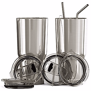 BluePeak Double Wall Vacuum Stainless Steel Insulated Tumblers Set, 2-Pack - Includes 2 Sipping Lids, 2 Spill-Proof Sliding Lids, 2 Straws, 1 Cleaning Brush & Gift Box (30 oz, Silver)