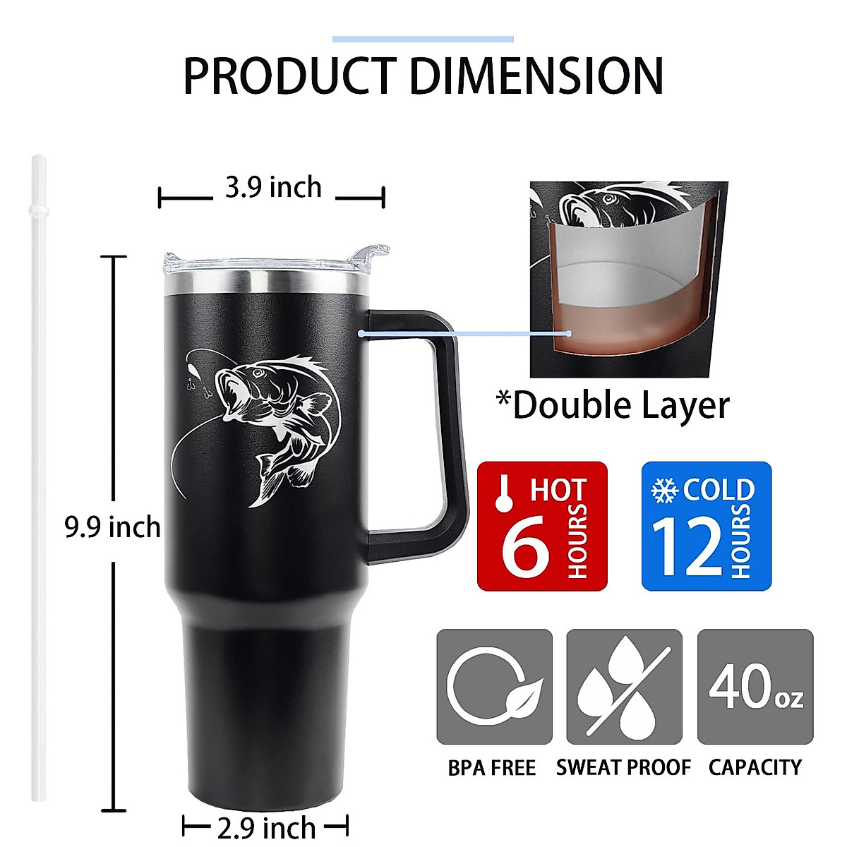 BBsoft Fishing Gifts for Men 40 OZ Tumbler Cup Fathers Day Birthday Christmas Dad Gifts Fishing Coffee Mug with Handle