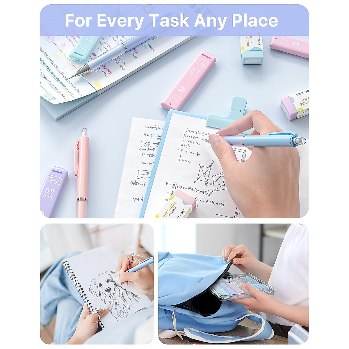 Four Candies Cute Mechanical Pencil Set 0.5 mm & 0.7mm & 0.9mm, with HB #2 Lead Refills, Pastel Erasers & Eraser Refills, 16-Count Pack, Aesthetic School Supplies for Writing, Drawing and Sketching