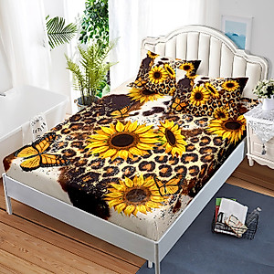BSNTHO Leopard Print Sheet Set Twin Size 4 Piece, Sunflower Sheets for Girls Boys Kids Teens with 2 Pillowcases and 16" Deep Pocket, Butterfly Bedding Set Microfiber Ultra Soft Skin Friendly