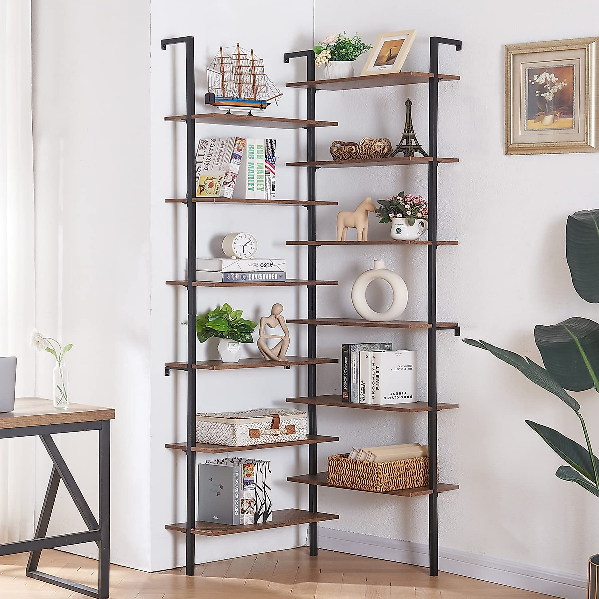 HOMISSUE Corner Bookshelf,12-Tier L Shaped Bookshelf, Double Wide Corner Wall Mount Bookcase with Metal Frame and Wood, Modern Industrial Corner Shelf for Living Room, Kitchen, Home Office Brown