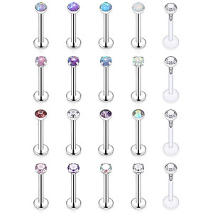 SCERRING 20PCS 16G 8mm Stainless Steel Labret Monroe Lip Ring Tragus Nail Helix Earring Stud Piercing Jewelry with 3mm Clear CZ Opal