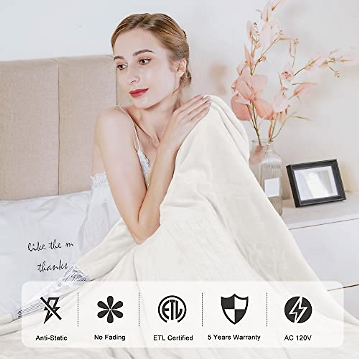 Sunvivi Heated Blanket King Size, Electric Blanket Dual Control Soft Flannel, 10 Heat Settings, 12 Hours Auto Off, Machine Washable, 5 Years Warranty, Overheat Protection, ETL Certified, Ivory