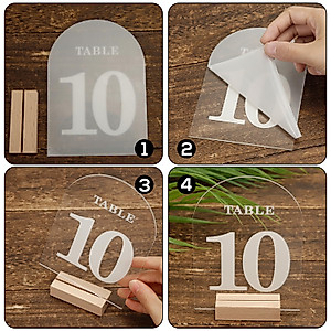 20pcs Acrylic Wedding Table Numbers with Stands, Acrylic Arch Table Numbers 1-20 White Printed Clear Table Numbers with Wood Bases for Wedding Reception Event Party Birthday Decoration
