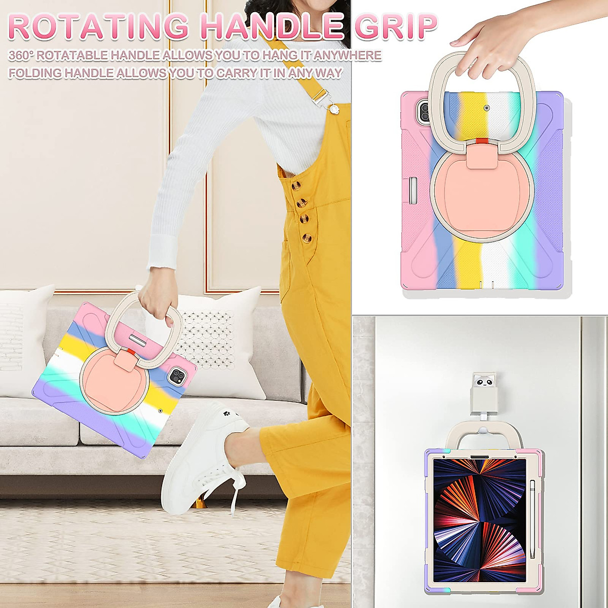 BATYUE iPad Pro 12.9 2021 Case,[Rugged] [Heavy Duty] iPad Pro 12.9 5th Generation Case with 360° Swivel Stand/Handle Grip/Shoulder Strap/Wireless Apple Pencil Charging Pencil Holder - Colourful Pink