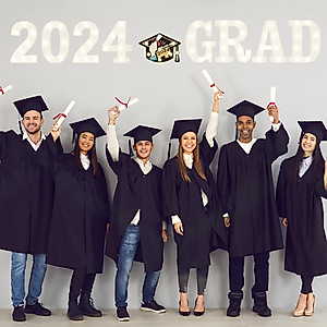 Graduation Party Decorations 2024-8 LED Long Marquee Light Up Letters 'Grad 2024' and 1 'Doctorial hat' - Graduation Party Decor for Kindergarten Preschool High School College Graduation