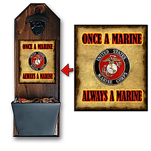 Marine Corps Bottle Opener and Cap Catcher, Wall Mounted - Handcrafted by a Vet - 100% Solid Pine 3/4" Thick - Officially Licensed # 19527 - Great Father's Day Gift