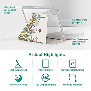 Rotating iPad 10.9/11 inch Case for iPad Air 5th/4th Generation 2022/2020,360 Degree Rotating Multi-Angle View Stand Cover with Pencil Holder for iPad Pro 11"/iPad Air 4 & 5, Flowers
