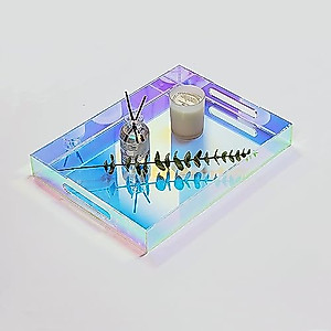 Iridescent Acrylic Serving Tray with Handles 16x12 Inch - Acrylic Tray Perfume Tray Spill Proof, Decorative Tray for Ottoman Coffee Table Countertop, Wedding Decor, Engagement, Dinner Desk
