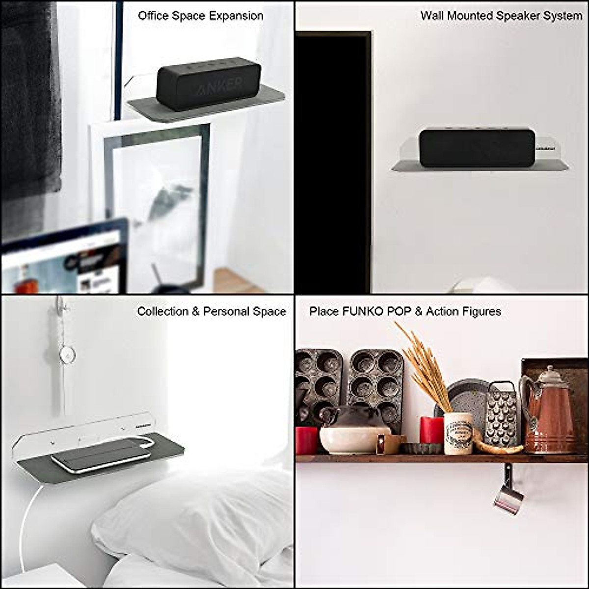 2 Pcs 10" Acrylic Wall Shelf Speaker Stand with Rubbery Surface, Solid Nursery Kids Wall Bookshelf, Invisible Spice Rack, Display Floating Corner Shelf with Cable Clips for Speaker, Webcam, Switch