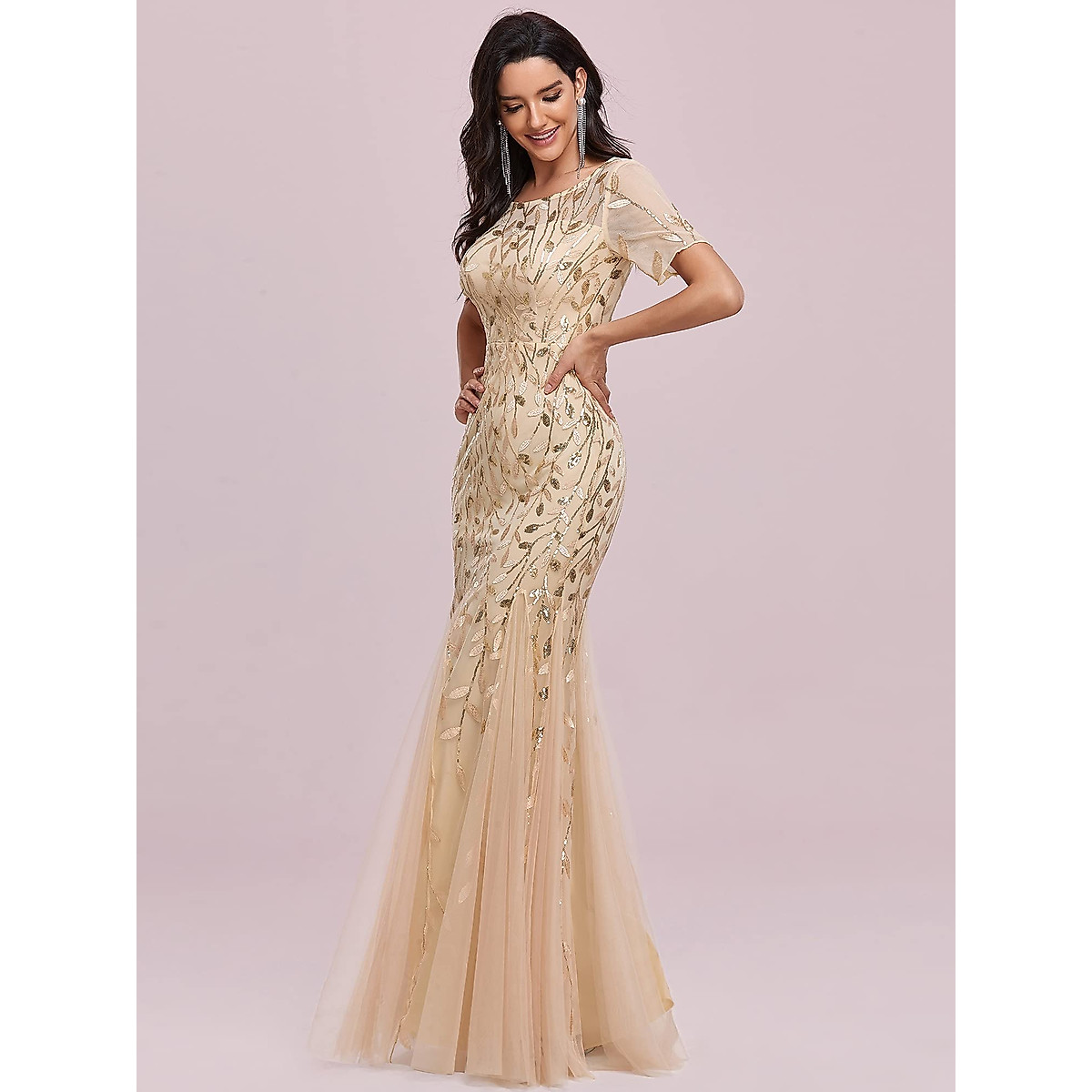 Ever-Pretty Women's Elegant Illusion Short Sleeve Crew Neck Sequin Embroidery Mermaid Evening Dresses Gold US10