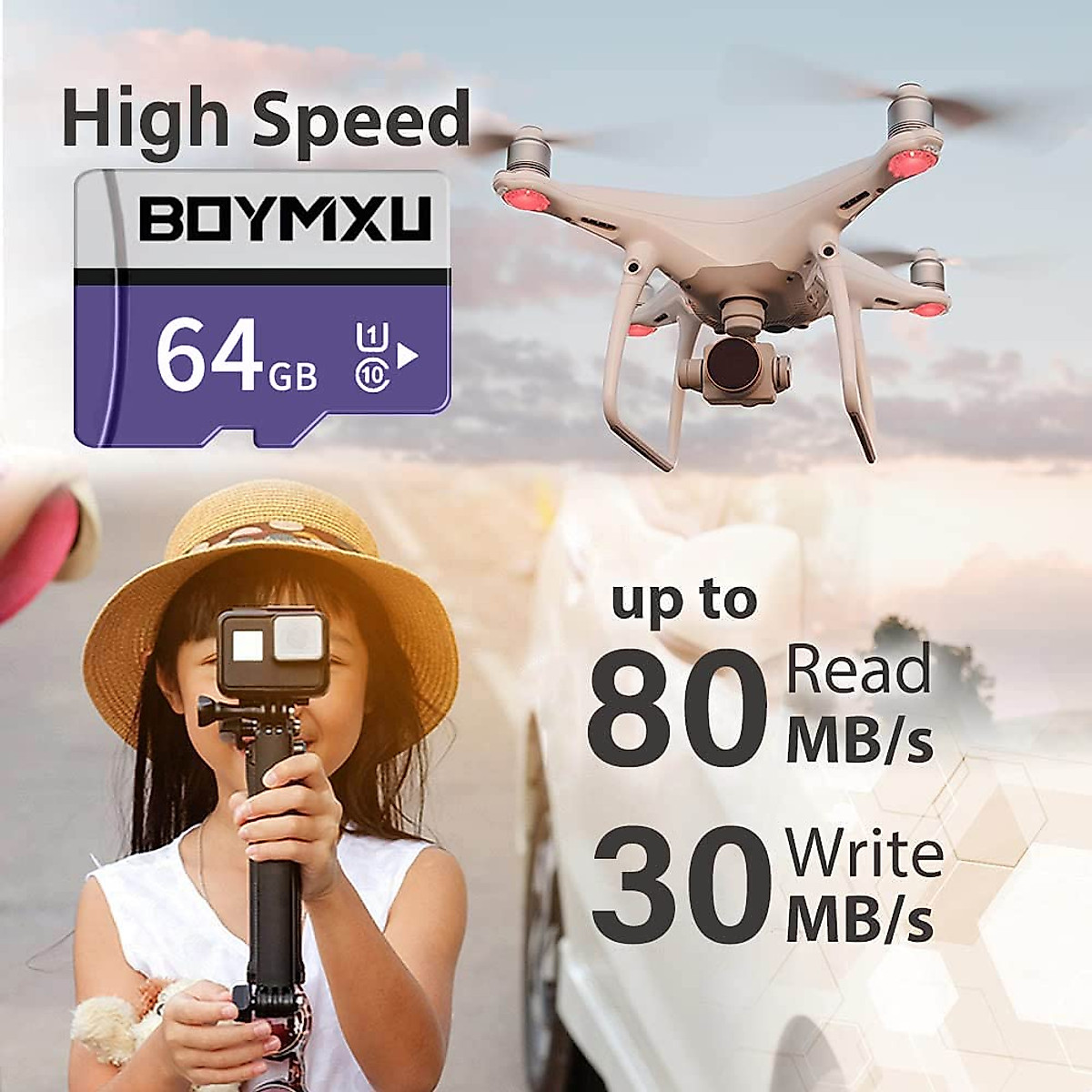 TF Memory Card 64GB,BOYMXU TF Card with Adapter,High Speed Memory Card Class 10 TF Card Memory Card for Phone Camera Computer-Purple