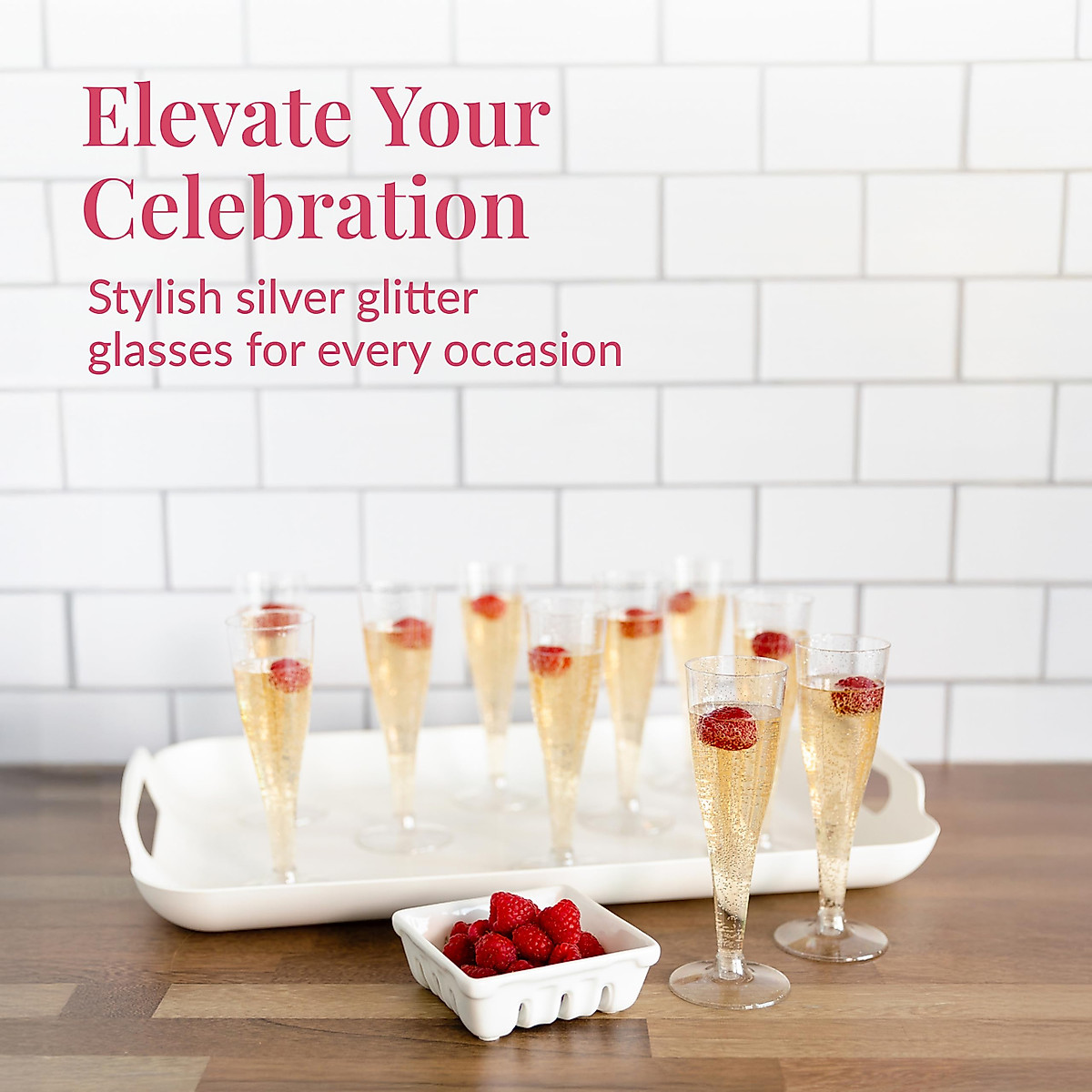 Prestee 100 Pack Plastic Champagne Flutes Disposable - Durable Silver Glitter Champagne Glasses 4.5 oz - Ideal for Parties, Weddings, Mimosa Bar, and Celebrations - Elegant Single Use Party Glasses