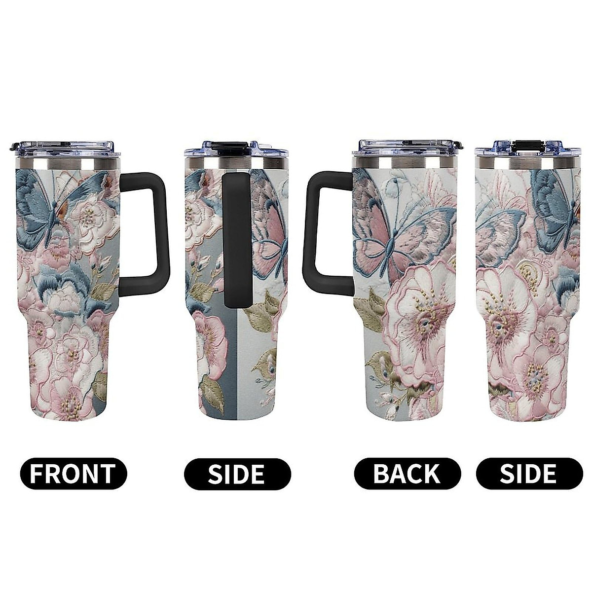 YTLKGFP 40 Oz Large Capacity Car Cup Beautiful Butterfly Pattern Tumbler with Handle (Black) Straw Lid Insulated Stainless Steel Water Bottle Travel Mug Leak-proof Car Cup Keeps Cold Or Hot